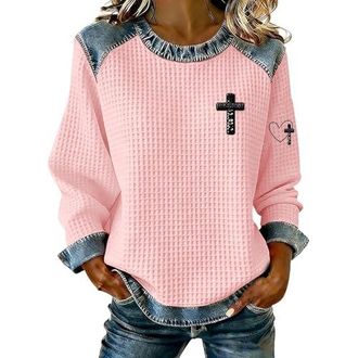 Generic Sweats chr&eacute;tiens pour femmes vintage en tricot gaufr&eacute; denim patchwork sweatshirt religieux foi J&eacute;sus croix graphique tops blocs de couleur denim &eacute;piss