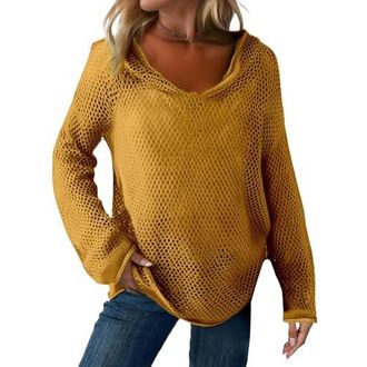 Generic Pull pour femme en crochet ajour&eacute; &agrave; manches longues et &eacute;paules tombantes - Pull &agrave; capuche l&eacute;ger - Coupe ample - Cache-maillot de plage d&eacute;contract&eacute; au 