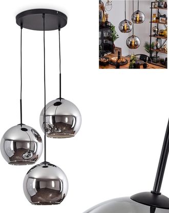 HOFSTEIN H&auml;ngeleuchte Koyoto, runde H&auml;ngelampe aus Metall/Glas in Schwarz/Chromfarben, Leuchte 3-flammig im Vintage/Retro Design mit Schirmen aus Glas (&Oslash; 25 cm