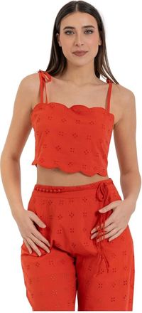 Kocca Femme, Tops, Rouge, Taille: 44 FR Crop top en coton avec broderie anglaise et bretelles &agrave; nouer