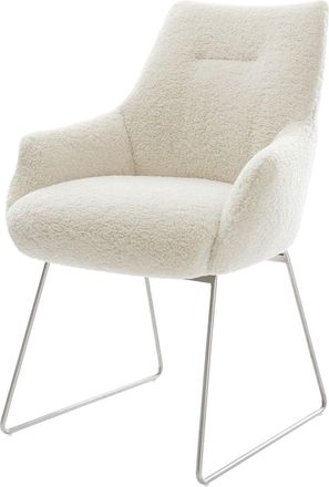 DELIFE Polsterstuhl Alja-Flex mit Armlehnen Kufengestell Edelstahl Teddystoff Beige Taschenfederkern