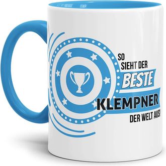 Tassendruck Berufe-TasseSo Sieht der Beste Klempner aus Innen & Henkel Hellblau/Job/Tasse mit Spruch/Kollegen/Arbeit/Fun/Mug/Cup/Geschenk/Beste Qualität - 25 Jahr
