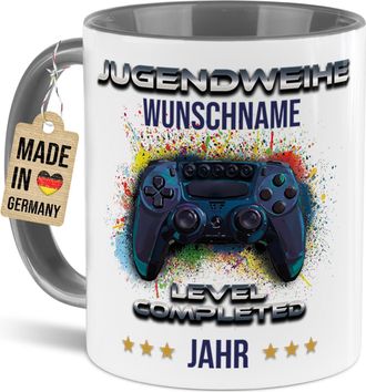 Tassendruck Tasse zur Jugendweihe mit Namen und Jahr selbst gestalten - Level completed, Controller - Personalisiertes Geschenk - Keramiktasse, 300 ml, Innen & He