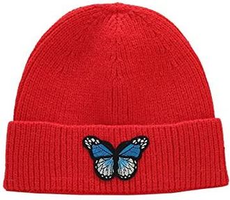 Generic Bonnet de ski en tricot chaud pour femme Motif papillon brod&eacute;, Rouge, Taille unique