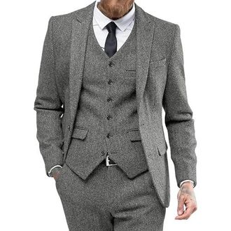 Generic Costume r&eacute;tro en tweed 3 pi&egrave;ces pour homme avec un bouton et revers crant&eacute; - Coupe ajust&eacute;e - Blazer &agrave; chevrons et pantalon, Gris 1, XXL