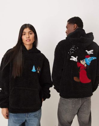 Asos Disney - Sweat &agrave; capuche unisexe d&eacute;contract&eacute; en imitation peau de mouton &agrave; imprim&eacute;s Mickey Mouse et Fantasia - Noir
