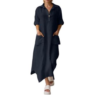 Generic Robe d&eacute;t&eacute; en lin pour femme - Jupe longue - Robe &eacute;l&eacute;gante pour femme et grandes tailles - Couleur unie - Robe de travail d&eacute;contract&eacute;e - Robe midi &eacute;l&eacute;g