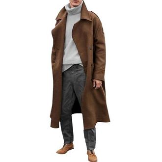 Generic Trench long &agrave; crant&eacute; pour homme en fausse laine m&eacute;lang&eacute;e, longueur genou, revers simple boutonnage, veste longue dhiver, camel, XXL