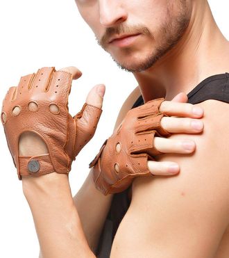 Nappaglo Herren Hirschleder Fingerlose Handschuhe Halbfinger Lederhandschuhe f&uuml;r Fahren Motorrad Radfahren Ungef&uuml;ttert Handschuhe (XXL (Umfang der Handfl&auml;che:2