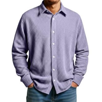 Generic Chemise gaufr&eacute;e pour homme et adulte, chemise &agrave; revers de couleur unie &agrave; manches longues boutonn&eacute;es, style vintage, d&eacute;contract&eacute; et de travail, chemise
