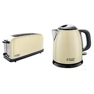 Russell Hobbs Toaster Langschlitz Colours+ creme, extra breite 1 Langschlitzkammer, inkl. Brötchenaufsatz, 1000W, & Mini-Wasserkocher Colours+ creme, 1,0l, 2400W, S