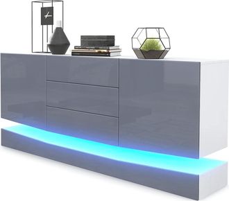 Vladon Sideboard City, Made in Germany, Weiß matt/Grau Hochglanz inkl. LED - Moderne Kommode für Ihr Wohnbereich (178 x 72 x 38 cm)