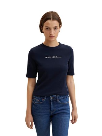 Tom Tailor Damen T-Shirt mit Stehkragen & Print 1032840, 10668 - Sky Captain Blue, S