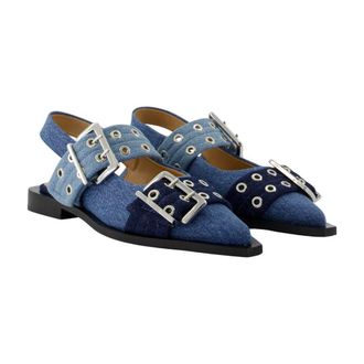 Ganni Womens Buckle-Embellished Cotton Flat Blue