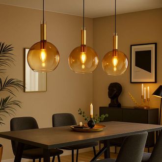Globo Lighting LED Pendellampe H&ouml;henverstellbar Pendelleuchte Wohnzimmerlampe messing amber H&auml;ngeleuchte 3 Flammig Glas, Metall, 3x 6W 380Lm warmwei&szlig;, LxBxH