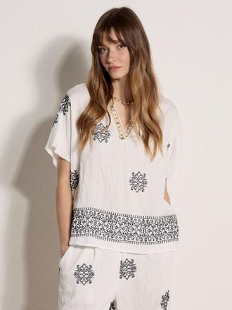 Apricot Spitzenbluse Bluse mit Paisley-Perlenmuster mit Stickerei