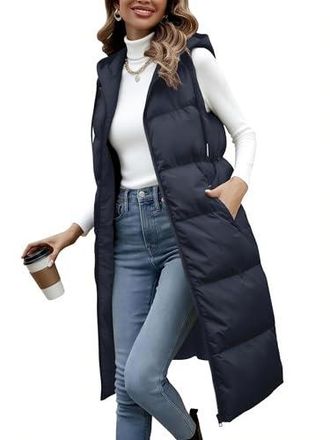 Fengbay Longue Doudoune Sans Manches Femme, Légère Chaude Gilet Sans Manche avec Capuche,Cordons de Serrage et Poches Latérales Automne et Hiver Manteau Chic