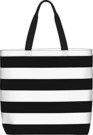 Generic Sac De Courses Rayures Noires Et Blanches Sac Cabas Lavables R&eacute;utilisable Sacs En Toile &Eacute;paule, Pour Burea, Tous Les Jours, Voyage, Shopping