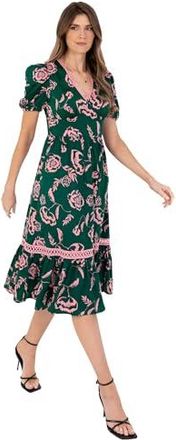 Lovedrobe Womens Ladies Midi Dress Short Puff Sleeve V-Neck Floral Print Tiered Hem Lace Trim A-Line Casual Occasion Evening Vert 42