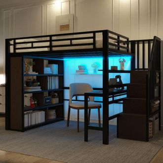 Elbe Lit Mezzanine 140x200 cm avec Bureau et LED - Structure Fer, Escalier Rangement et Compartiments - Noir (Sans Matelas)