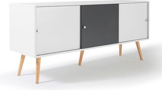 IDMarket Sideboard, niedrig, skandinavisch, 135 cm, Effie, 3 T&uuml;ren, Holz, Wei&szlig; und Grau