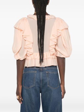 Chlo&eacute; Ruffled V-Neck Puff Sleeve Blouse - Peach