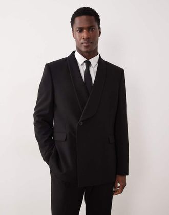 Asos Veste de costume standard &agrave; double boutonnage en cr&ecirc;pe - Noir