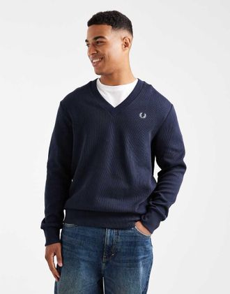 Fred Perry Sweat côtelé à col V - Bleu marine