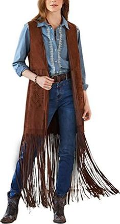 ORANDESIGNE Veste Longue Sans Manches Femme Hippie Chic Manteau Couleur Unie Blouson à Frange Cowboy Western Gilet Long Outwear Coat Ete Jacket avec Déchiré Poche