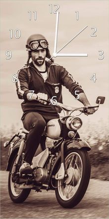 Wallario Design-Wanduhr, Acrylglasuhr Gr&ouml;&szlig;e 30 x 60 cm, wei&szlig;e Zeiger, Motiv Simson Fahrer in der DDR in Sepiafarben