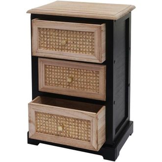 Hhg Kommode HHG 674, Schubladenschrank Schrank, Holz Rattan 63x40x28cm schwarz, naturfarben