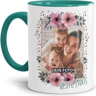 Tassendruck Keramik Tasse - Beste Tante - mit Foto selbst gestalten - Geschenk für die beste Tante, Geburtstag, Weihnachten I Personalisiert, Türkis, 300 ml