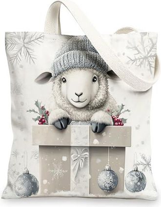 Generic Sac fourre-tout en toile de mouton de No&euml;l pour faire du shopping, 33 x 38,1 cm, cadeau de No&euml;l de luxe, sac d&eacute;picerie r&eacute;utilisable, sac &agrave; bandouli&egrave;re