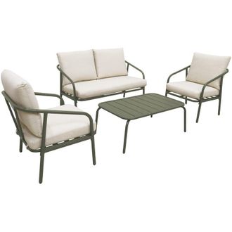 Sweeek Salon de jardin en m&eacute;tal 4 places. design &eacute;pur&eacute; arrondi Kaki / Beige