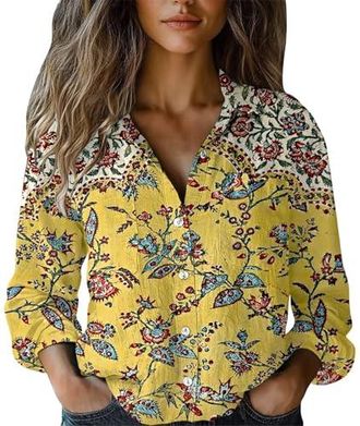 Generico Chemise Femme d&Eacute;t&eacute; D&eacute;contract&eacute; &agrave; Manches Longues Chemises Coton Et Lin &Eacute;l&eacute;gant Respirant Blouse Col en V L&eacute;ger T Shirt Vintage Imprim&eacute; avec Boutons Mo