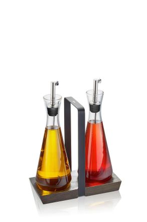 GEFU Essig-/&Ouml;l-Menage X-Plosion, Schwarz, Akazie, Edelstahl, Transparent, Holz, Metall, Kunststoff, Glas, Akazie, 8.1x23x17.5 cm, zum Stellen, Tischkultur 