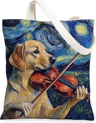 Generic Sac fourre-tout en toile r&eacute;utilisable pour le shopping Motif labrador retriever 33 x 38,1 cm, motif violon nocturne &eacute;toil&eacute;, sac d&eacute;picerie pour femme, 
