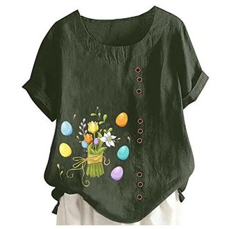 Generic Chemise &agrave; manches courtes en lin pour femme grande taille - Chemisier ample pour femme - Chemises blanches boh&egrave;me baggy chemises de sortie hauts chemi