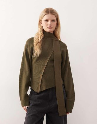 Reclaimed Vintage Pull boutonn&eacute; asym&eacute;trique en maille avec &eacute;charpe assortie - Vert