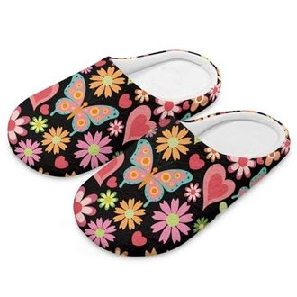 Coloranimal Pantoufles de spa &agrave; bout ferm&eacute; pour femme, chaussures dint&eacute;rieur en coton et lin, pantoufles dint&eacute;rieur en coton, Fleur hippie papillon, 35.5/36.5 EU