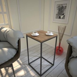 Hanah Home Industrial Side Table, Caucasian Oak, 35 x 62 x 35 cm | 100% Melamine Coated Particle Board, 18 mm Thick | Sturdy Metal Legs, Elegant Hotel Design