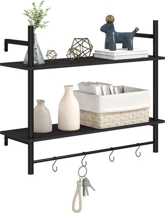 HOMCOM 2-Ebenen Wandregal Schwebendes Regal Wandregale mit 4 Haken 2 Böden und Stahlrahmen für Eingangshalle Wohnzimmer Schlafzimmer 80x24x65 cm Schwarz