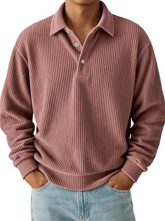 Generic Chandails en velours c&ocirc;tel&eacute; pour homme Printemps Automne Mode Loose Down Polo Shirts Casual Pullover T-Shirt Col V Sport Couche de Base Tops, rose, XX