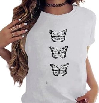 Keephen Papillon avec Fleurs T-Shirt Femmes Esth&eacute;tique Papillon Impression 3D T-Shirt Manches Courtes Col Rond Streetwear Dames &Eacute;t&eacute; Mignon Tops