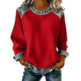Generic Sweat-shirts pour femme sans capuche vintage en tricot gaufr&eacute; denim patchwork sweatshirts surdimensionn&eacute;s &agrave; col rond pulls de couleurs blocs de couleu