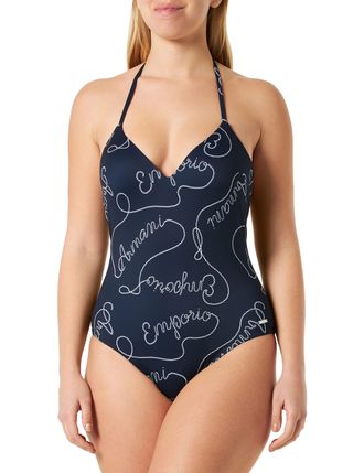 Emporio Armani Womens Logomania Padded One Piece Swimsuit, Marine/White, S