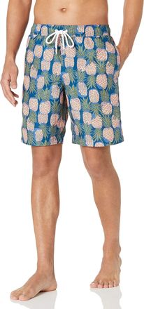 Amazon Essentials Herren Badehose, 23 cm, Mit Lockerer Passform und Schnelltrocknend - Auslauffarben, Marineblau Pfirsich Ananasaufdruck, XXL