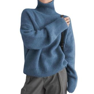 Generic Pull &agrave; col roul&eacute; pour femme, pull &eacute;l&eacute;gant en tricot d&eacute;contract&eacute; &agrave; &eacute;paules tombantes, couleur unie, pull &agrave; manches longues et col haut, bleu, XL