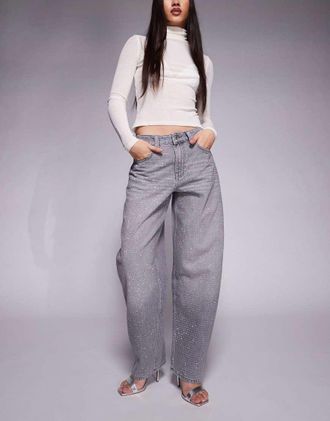 Asos Jean bouffant coupe slim &agrave; strass sur lavant - Gris