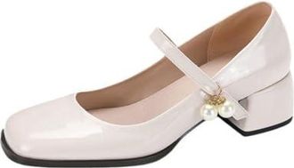 Generic Chaussures Femme Rétro Bout Carré Cuir Verni Mary Janes Bride Cheville avec Perle Boucle Talons Bas Décontractées Robe Soirée Bureau,Blanc,38.5 EU